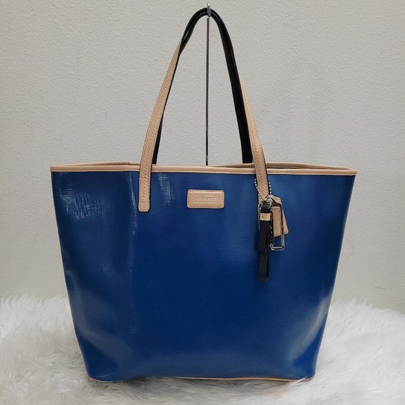 Coach | Bags | Coach Park Metro Teal Blue Tan Leather Large Shopper ...